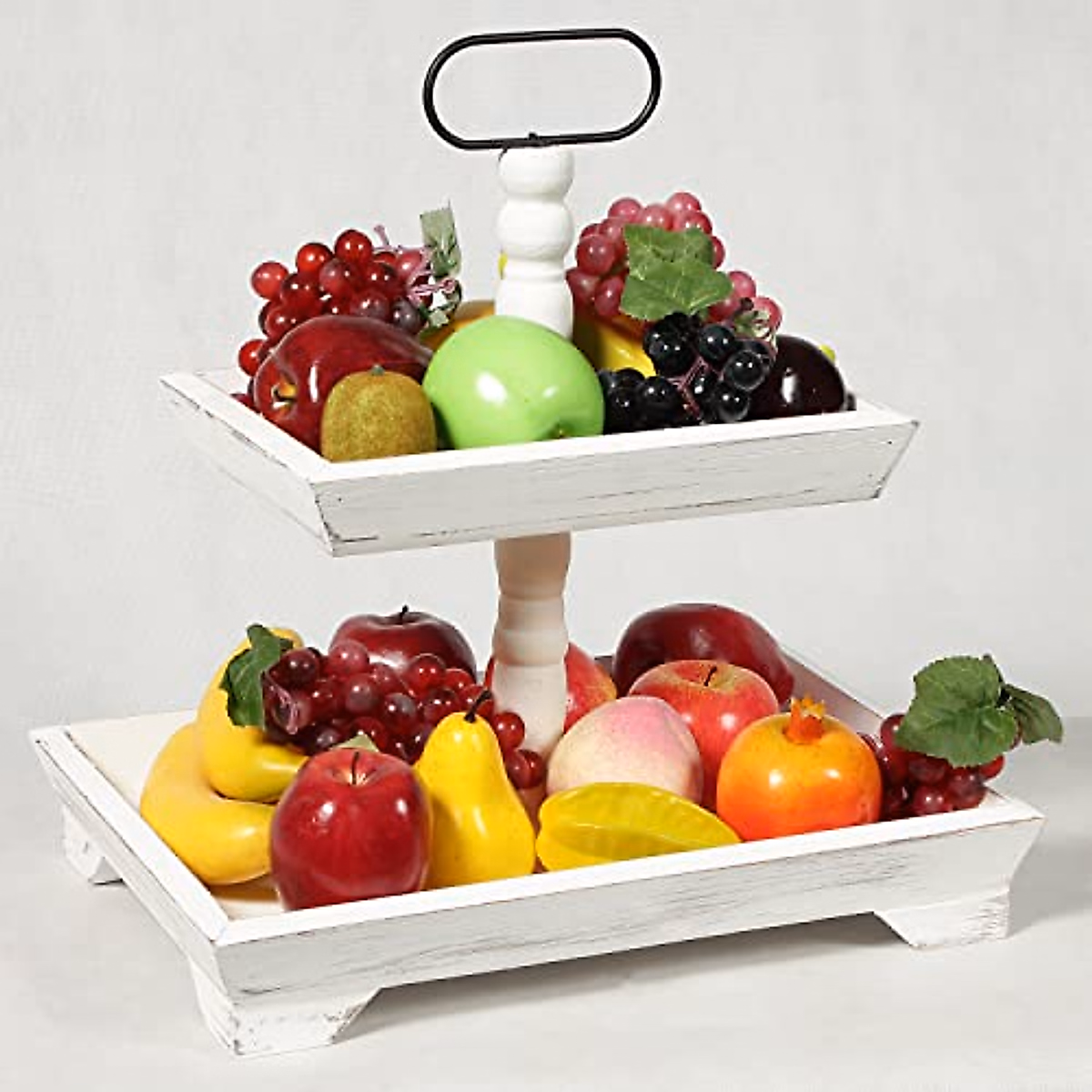 Dugunusu Farmhouse Two Tiered Tray Stand, Rectangle Rustic Wood Two Tiered Tray, Wooden Cake Stand Kitchen Tiered Tray, Decor Serving Tray for Home Farmhouse Décor (White)