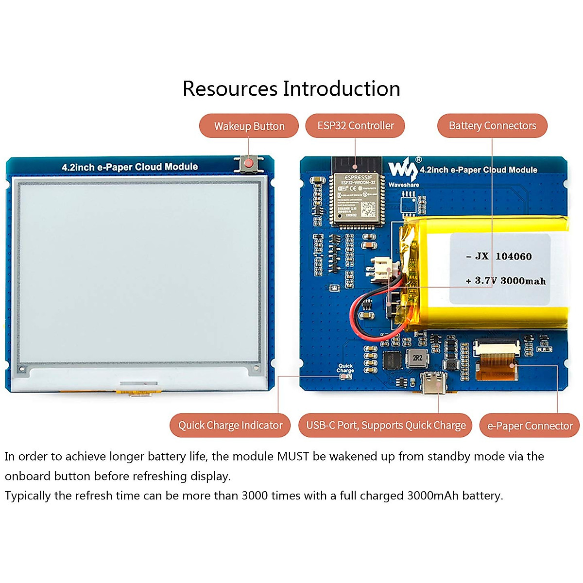 Bicool Waveshare 4.2inch E-Paper Cloud Module 400×300 Pixels e-Ink Display, Bluetooth 4.2 Connectivity Paper-Like Effect,Long Battery Life Support Quick Charge, 4.2inch WiFi e-Paper Display