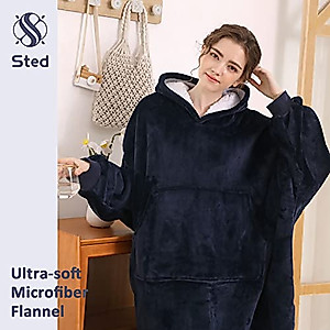 Wearable Blanket Hoodie for Men & Women, Oversized Hoodie Blanket Adult, Sherpa Fleece & Flannel Blanket with Sleeves and Giant Pocket, Machine Washable, Convenient for Home and Outdoors, Navy Blue