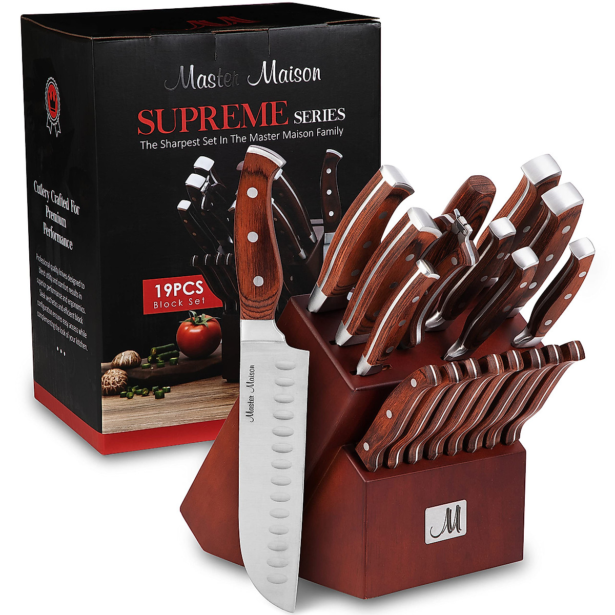 Master Maison Walnut Kitchen Knife Set With Knife Block & Bonus Cleaver | German Stainless Steel Knives With Knife Sharpener & 8 Steak Knives | Butcher Block Knife Sets For Kitchen