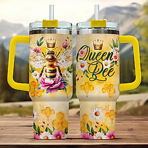 99OWL Tumbler 40 Oz With Handle Lid And Straw, Queen Bee Crown Floral, Bee Gifts, Flower Tumblers Handle Daisy Yellow, Bee Double Wall Vacuum Floral Coffee Hot And Iced Yellow