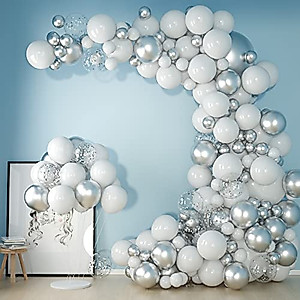 103pcs White and Silver Balloons Garland Arch Kit 5” 10 Inch 12” White Silver Metallic Confetti Latex Balloons Arch Set for Winter Wonderland Birthday Baby Shower Wedding Party New Year's Day Decor