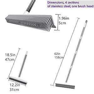pet Hair Removal Broom Rubber Broom 66 inches Extended 2-in-1 Carpet rake with Scraper 4 Sections Stainless Steel Handle to Clean Hardwood Floor Bathroom Wipe
