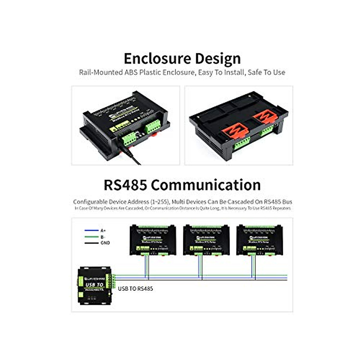 Waveshare Industrial Modbus RTU 8-ch Relay Module with RS485 Interface Multi Isolation Protection Circuits Comes with an ABS Enclosure