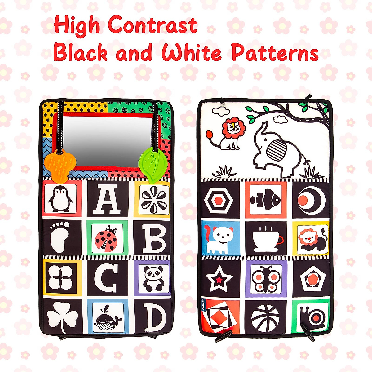 Little World Tummy Time Floor Mirror - Tummy Time Mirror Double High Contrast with Teething Toys, Developmental Black and White Baby Toys for Infants Newborn 0-3 Months Baby Boys and Girls