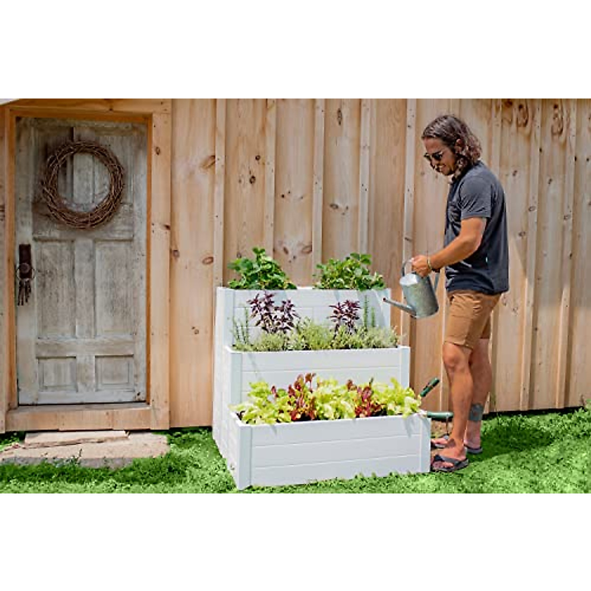 Vita Classic 33 inch x 33 inch Tiered Cascading Keyhole Garden with Composting Basket, White Vinyl, PVC, BPA and Pthalate Free, VT17109