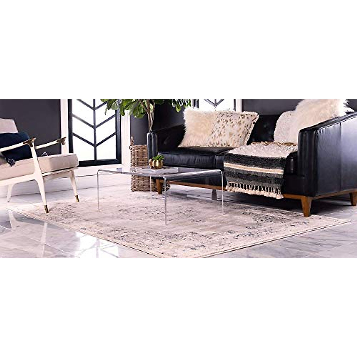 Unique Loom Leila Collection Traditional, Distressed, Medallion, Border, High-Low Pile, Vintage Area Rug, 3' 3" x 5' 3", Tan/Navy Blue