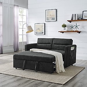 LIADTOP 54.5'' Modern Convertible Sleeper Two Side Pockets, Grey Fabric w/Pull-Out Bed Loveseat Sofa Couch and Adjsutable Back for Living Room,Black