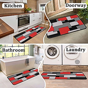 Kitchen Rugs Set of 2- Red, Black, and Grey Modern Geometric Non-Slip Washable Floor Mats - Comfort Sink and Laundry Room Runner - Contemporary Abstract Art Design Decor 17x47.2 and 17x30 inches