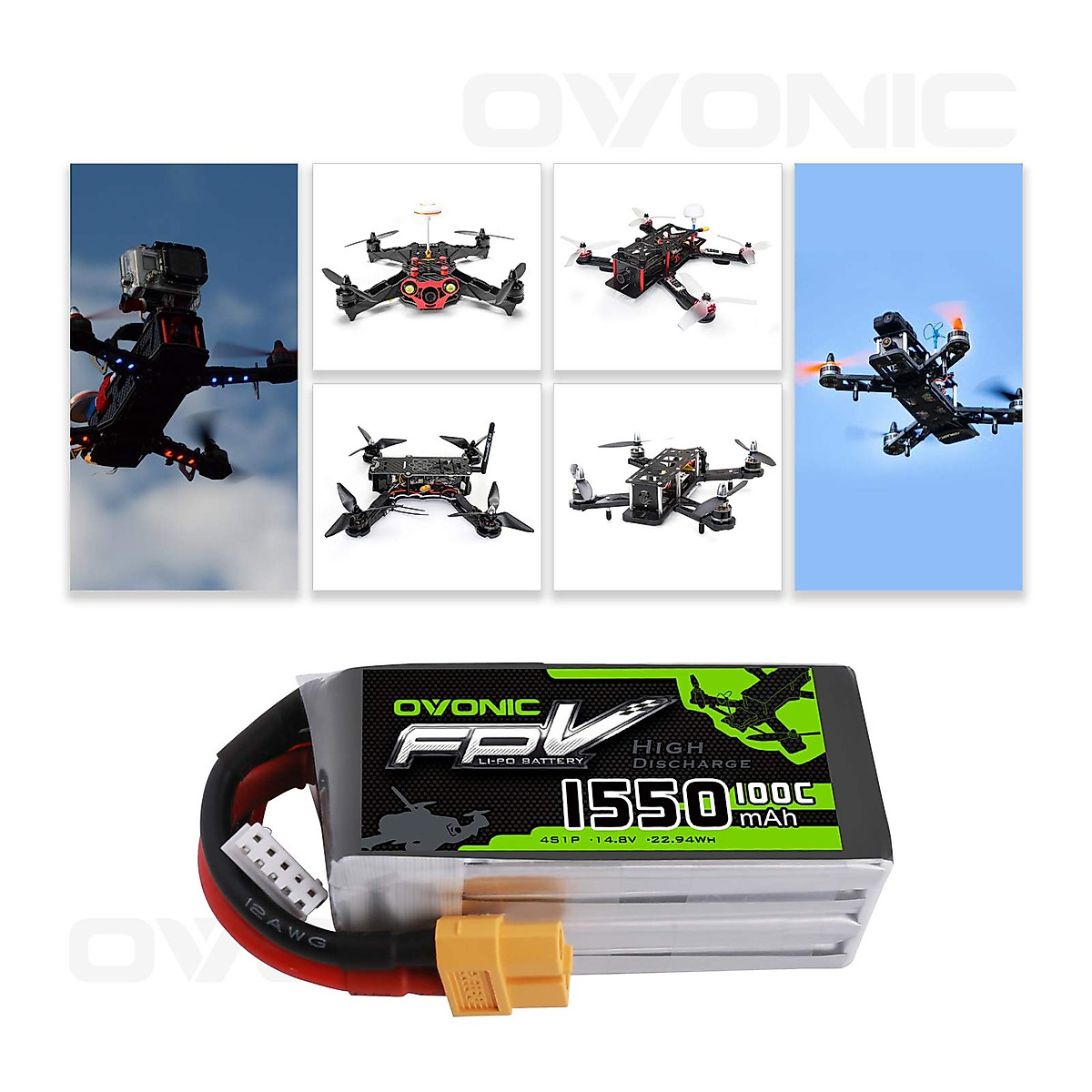 OVONIC 4S Lipo Battery 1550mAh 100C 14.8V Lipo with XT60 Plug for FPV Racing RC Quadcopter Helicopter Airplane Multi-Motor Hobby DIY Parts