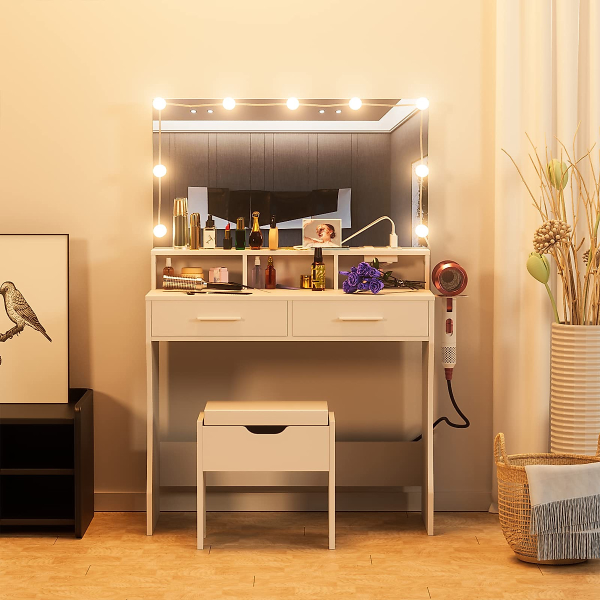 Vabches Makeup Vanity with Lighted Mirror & Outlet Charging Station, White Vanity Set Makeup Table, 3 Lighting Colors, Brightness Adjustable, 31.5in(W)