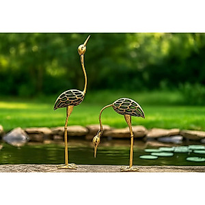 Seraphic Cast Iron Garden Decor Crane Bird Statues, Rustic Bronze, Set of 2