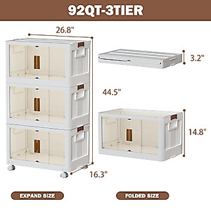 wellent Large Storage Bin with Lid, Plastic Storage Bin with wheels and Doors 92Qt(23 Gal) Per Tier, Stackable Closet Organizer,Folding Storage Containers for Living Room Bedroom & Toy Room