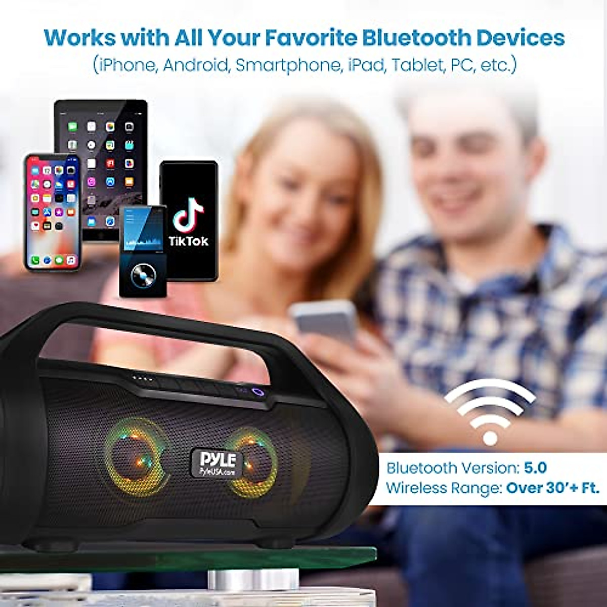 Pyle Wireless Portable Bluetooth Boombox Speaker - 500W 2.0CH Rechargeable Boom Box Speaker ...