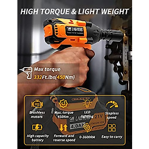 Cordless Impact Wrench,450NM(332ft·lbs) High Torque ，Brushless Motor，1/2 inch impact gun with a 4.0Ah Li-Ion Battery, Suitable for family cars…