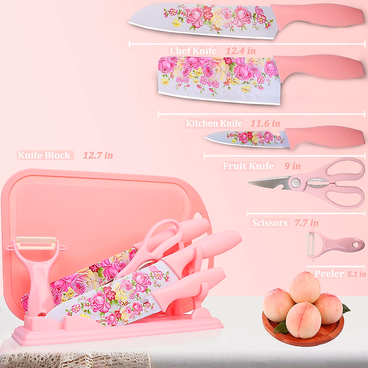 VSIAISV Kitchen Knife Set, Pink Flower 7-pieces Stainless Steel Sharp Chef Cooking Non-slip Knife Set with Acrylic Stand & Block, Non-stick Colorful Coating for Women and family (Pink)