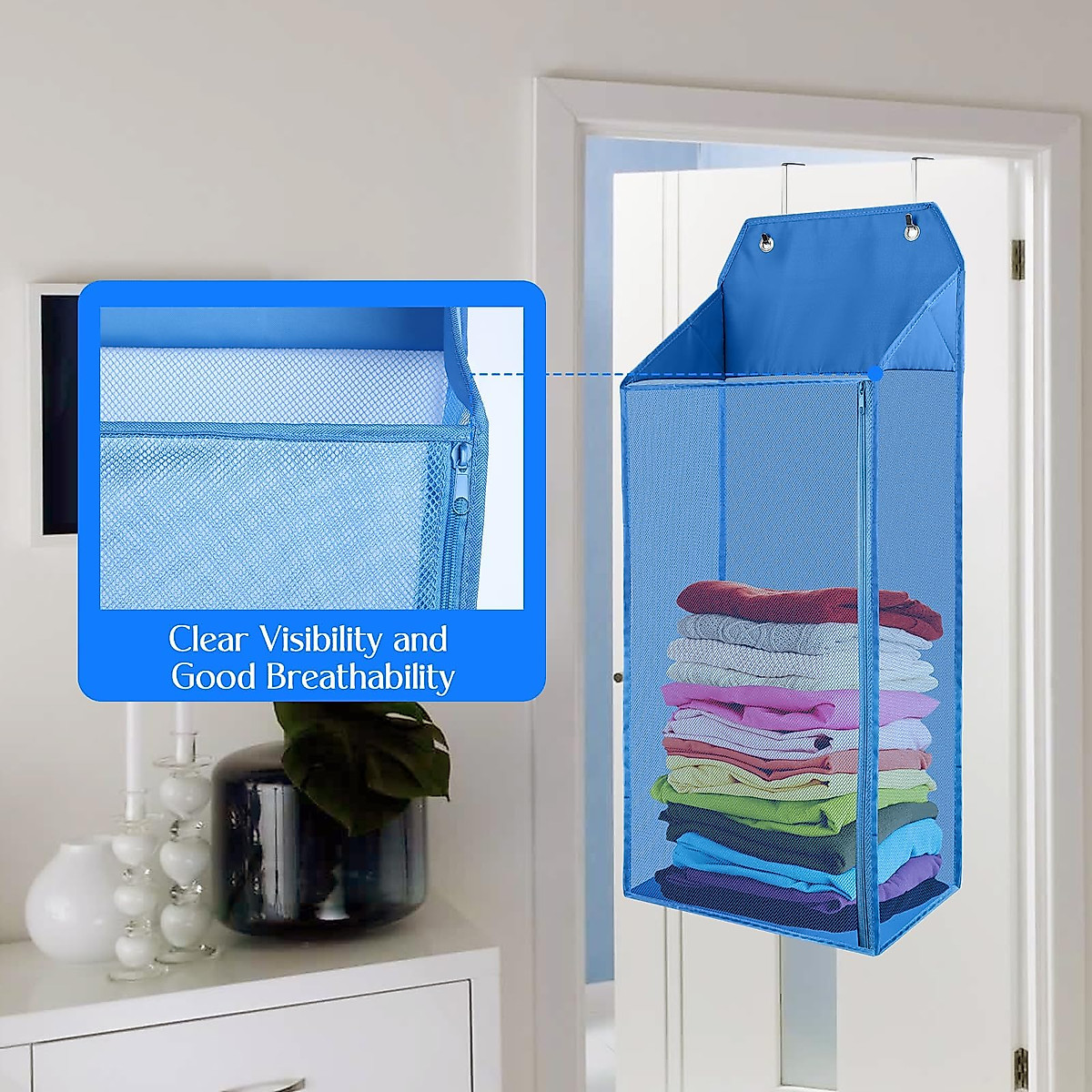 Libeder Over the Door Laundry Hamper,Collapsible Hanging Mesh Laundry Hamper Basket with Zipper for Dirty Clothes Organizer,Space Saving Laundry Bag for Bathroom, Bedroom