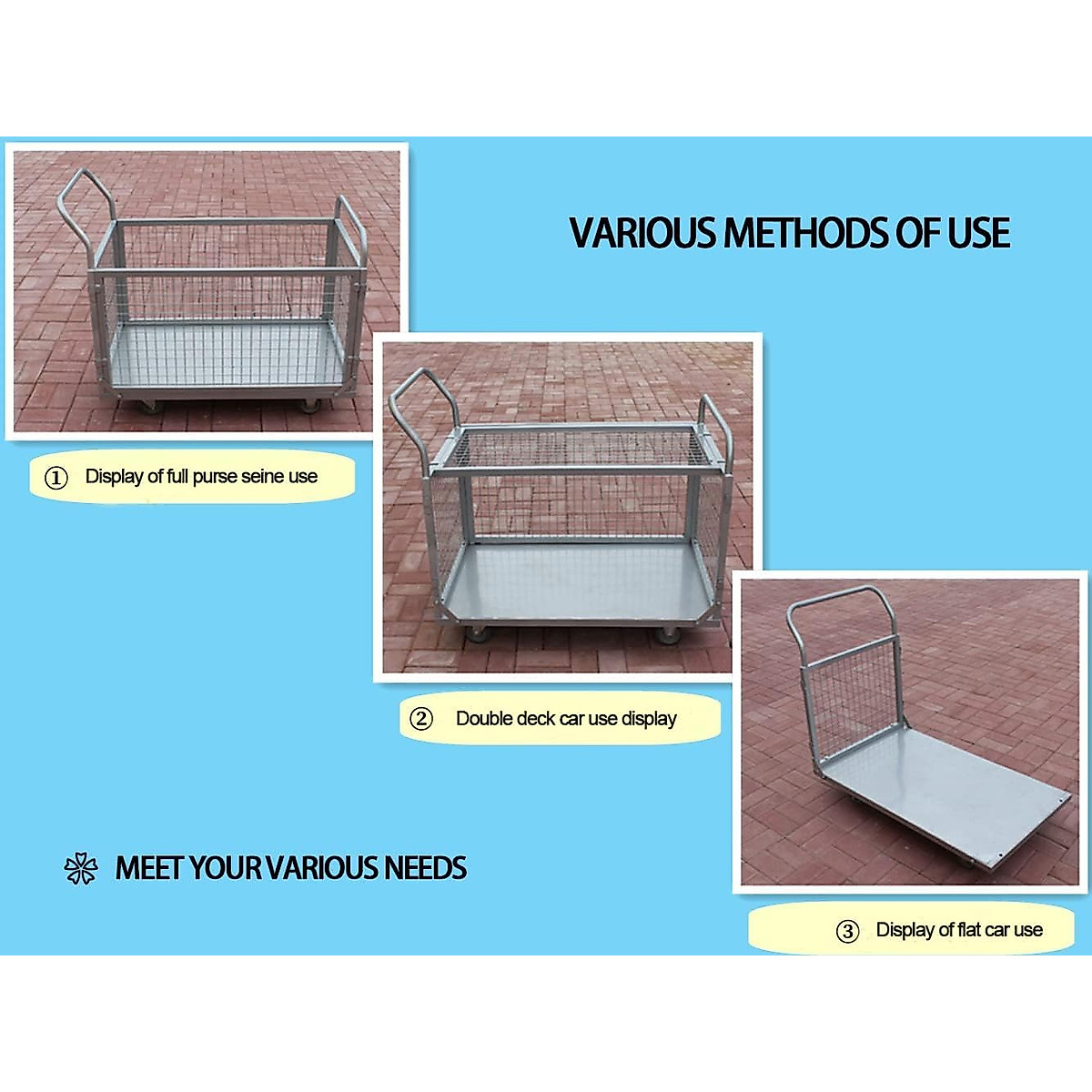 BaiYouMei Platform Truck Cart with Cage,4in1 Foldable Hand Truck Flat Cart 39"x24" Heavy Duty Push Cart Dolly, Load 1000lbs Large Flatbed Hand Truck Cart for Grocery, Laundry, Shelving, Storage