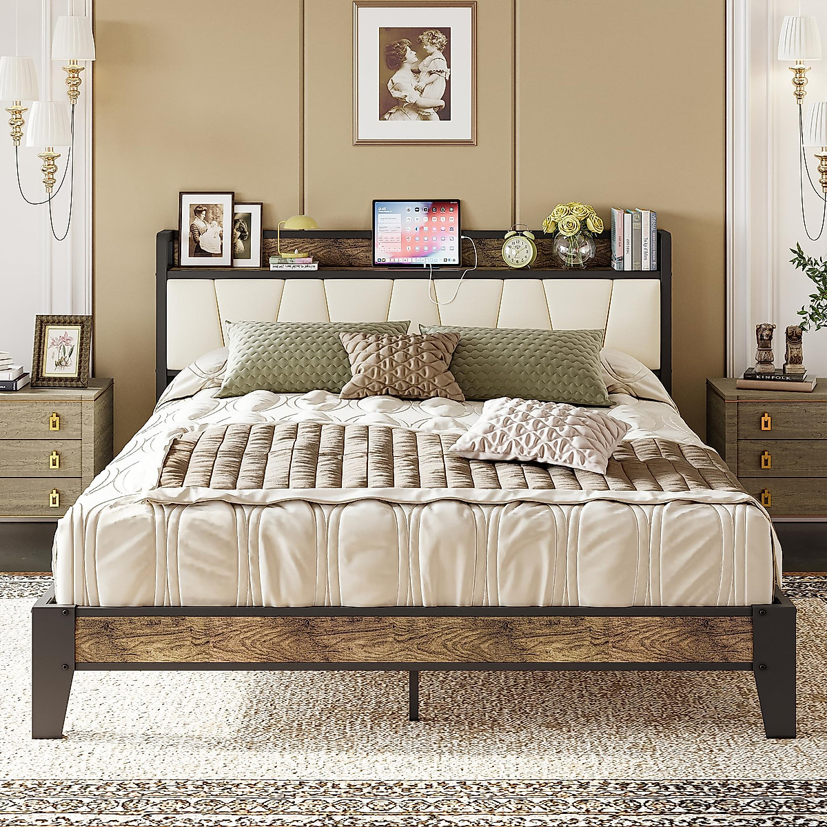 LIKIMIO Queen Bed Frame, Storage Headboard with Charging Station, Solid and Stable, Noise Free, No Box Spring Needed, Easy Assembly (Walnut and Beige)