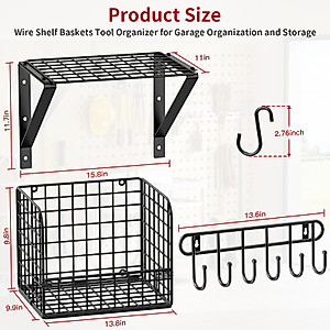 TomCare 3 Pack Garage Shelving Heavy Duty Garage Storage Shelves with Wire Baskets Laundry Room Shelves Wall Mounted Shelves with Hooks Tool Organizer for Shed Garden Kitchen Organization and Storage