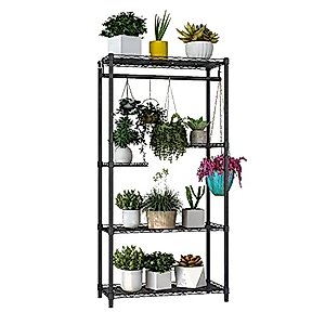 Xiofio 5-Tier Plant Stand for Indoor Outdoor, Large Multiple Flower Pot Holder Rack Tall Plant Stand ，Hanging Plant Stand ,Adjustable Plant Stand Suitable for Bedroom Living Room Balcony Garden,Black