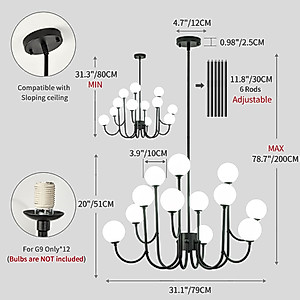 QUOOBE Modern Mid Centur Black 12 Light Chandeliers with Glass Globe,Large Sputnik Metal Ceiling Pendant Light Fixture for Living Room Dining Room Bedroom Kitchen Staircase Office