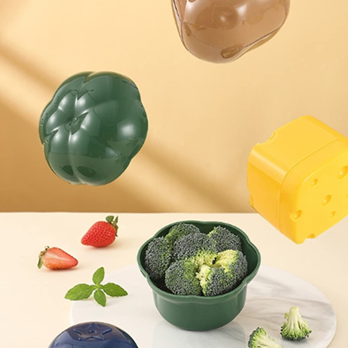 Fruit and Vegetable Storage Containers Reusable SiliconeRefrigerator Box Storage Bowls Saver Holder Keeper for Green pepper, onion, Tomato, Lemon, and Broccoli ，Refrigerator Vegetable Crisper 5Pieces