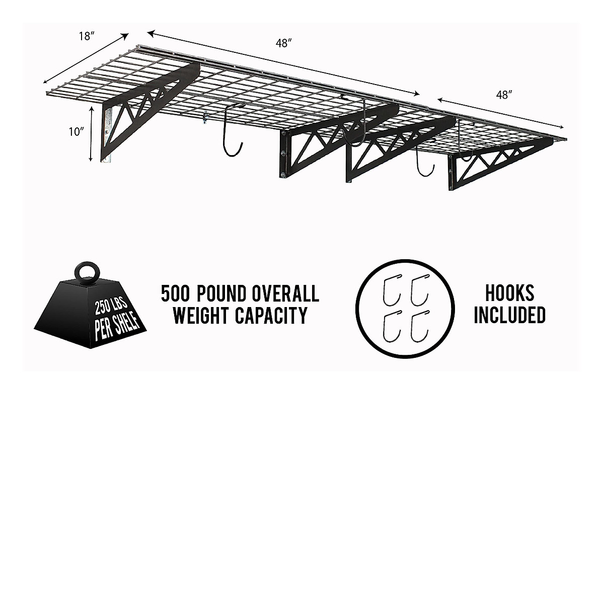 SafeRacks Wall Shelves - 4 Pk 24"x48" Wall Mountable Shelving Unit for Storage Rack, Pantry Shelves, Utility Shelving, Heavy Duty Shelves w/8 Accessory Hooks, 500lbs Capacity, Hammertone