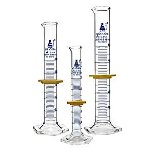 EISCO Premium Graduated Cylinder Set - 10mL, 25mL & 50mL - ASTM, Class A - Protective Collars, Hexagonal Base - Blue Graduations - Borosilicate 3.3 Glass