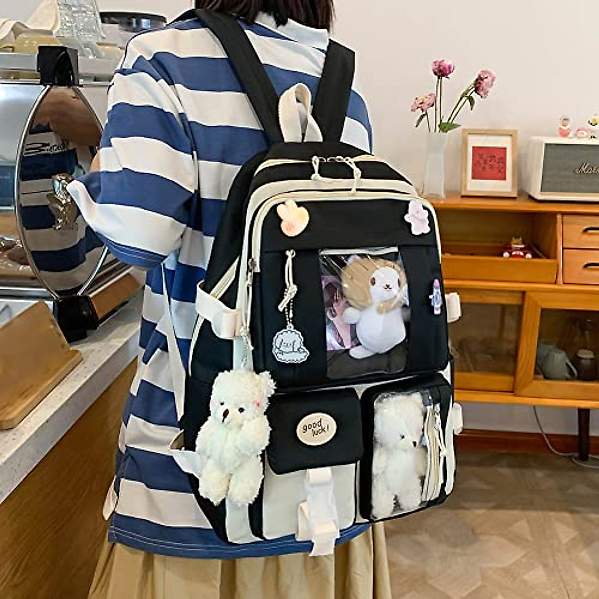 FORTEXO Kawaii Backpack with Kawaii Pendants and Pins Accessories 5Pcs Set Cute Kawaii Rucksack for Women Cute Aesthetic Backpack