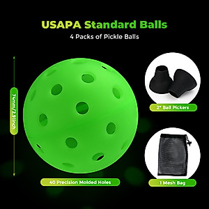 Hzdyopk 4pcs Pickleball-Balls, USAPA Standard 40-Hole Outdoor Wiffle Balls, with Mesh Bag and 2 Ball Picker，Fluorescent Glowing Ball, Unique Gift for Pickleball Lovers