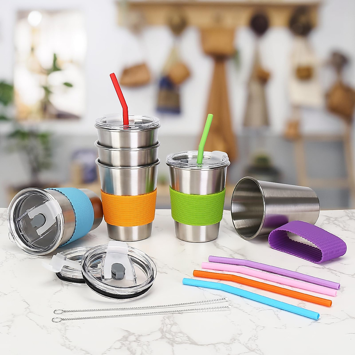 Rommeka Kids Drinking Cups, 6 Pack 12oz Stainless Steel Sippy Cup Spill Proof Kids Cups with Straws and Lids for Adults, Toddler and Children