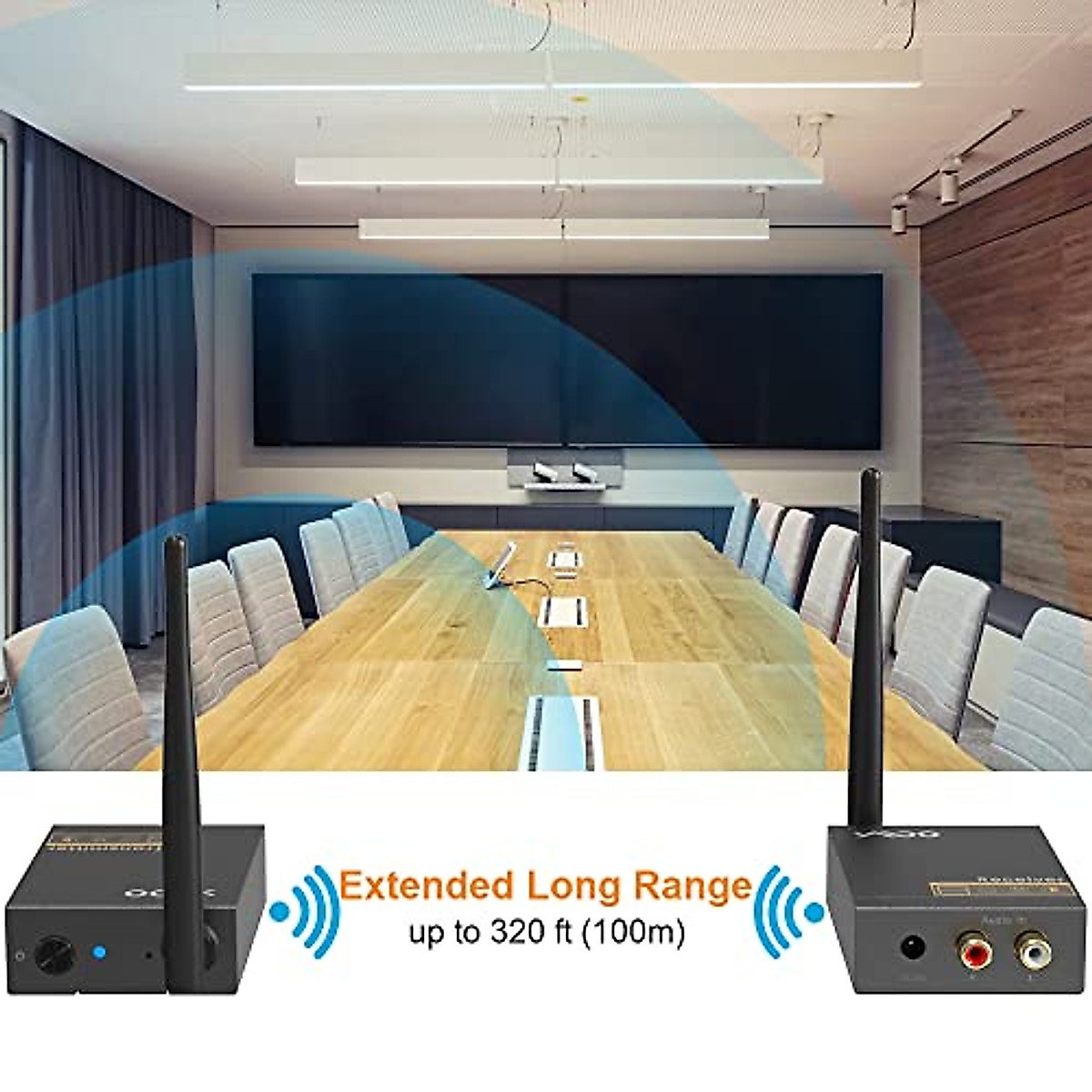 YMOO 2.4Ghz Wireless Audio Transmitter Receiver for TV,192kHz/24bit HiFi Audio,20ms Ultra Low Latency,320ft Long Range RCA Jack Wireless Adapter for Active Subwoofer/Speaker to TV/PC/CD Player