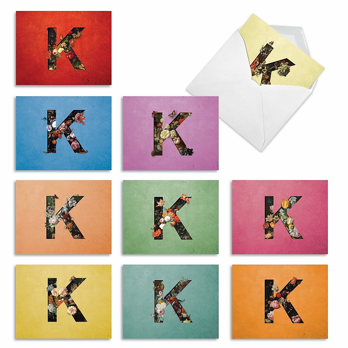 The Best Card Company - 10 Initial Letter “K” Assorted Blank Notecards Beautiful Flower Personal Stationary 4 x 5.12 Inch, Bulk Variety Pack for Thank You and Notes - Baroque Blooms K M3838OCB-B1x10