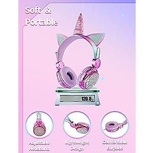 charlxee 𝟐𝟎𝟐𝟑 𝐍𝐞𝐰 Kids Unicorns Headphones with Mic for School/Travel,85dB Volume Limited,Shareport,Unicorns Gifts for Girls,On/Over Ear HD Stereo Wired Headsets with Nylon Cable-Hot Pink