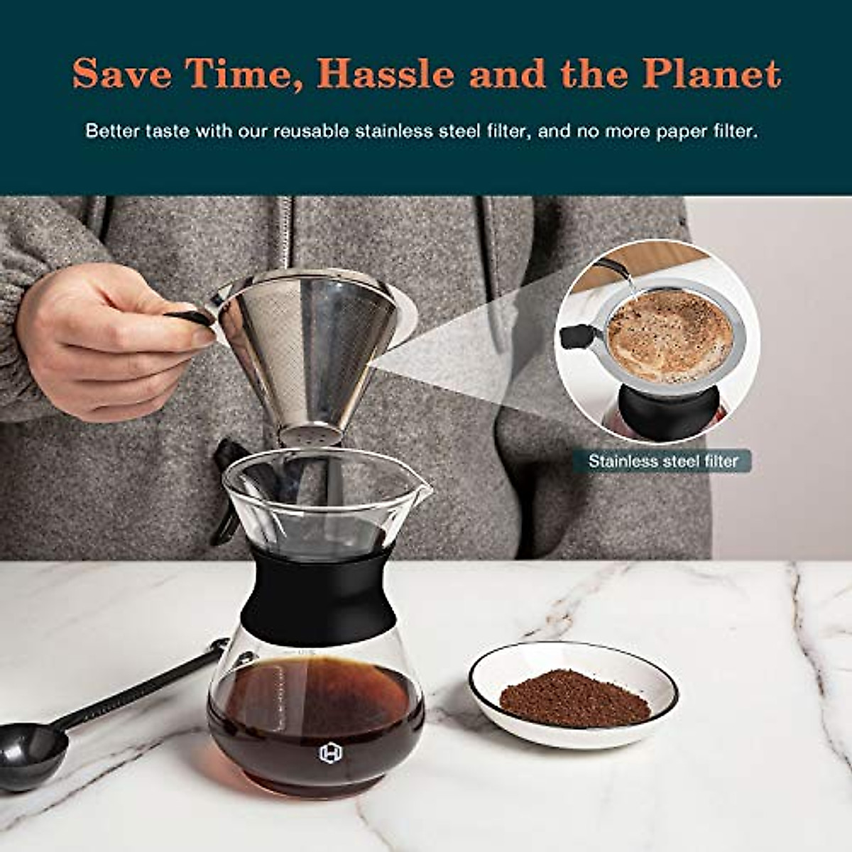 HEIHOX Pour Over Coffee Maker Set 14 oz Pour Over Coffee Dripper with Paperless Reusable Stainless Steel Cone Filter, Glass Coffee Carafe with Protective Silicone Sleeve