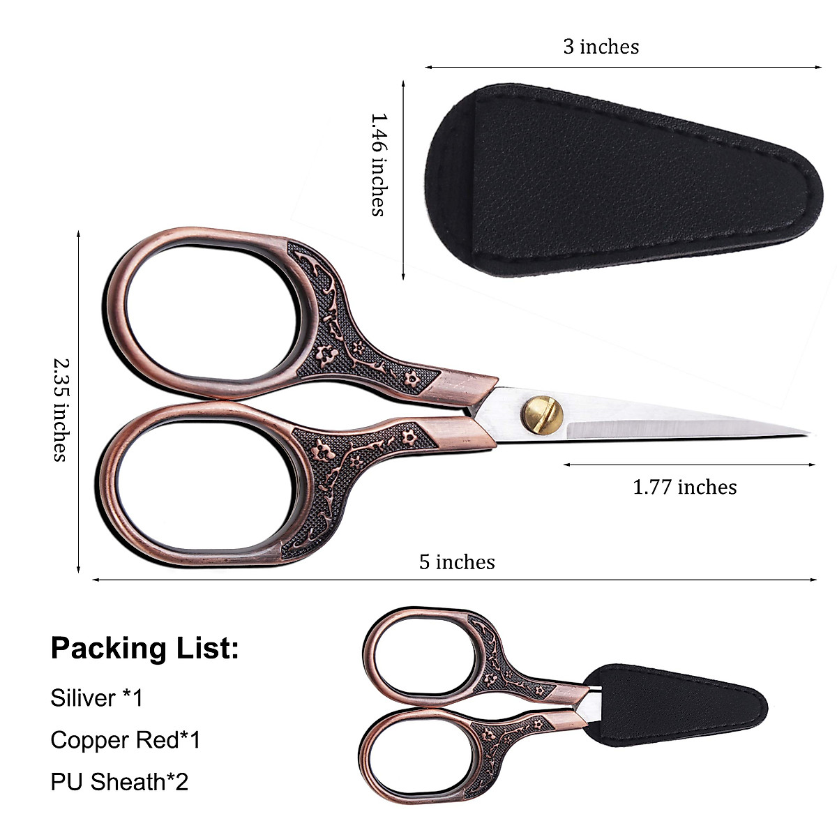 2pcs Vintage Stainless Steel Cuticle Precision Embroidery Scissors Beauty Grooming for Nail, Facial Hair, Eyebrow, Eyelash, Nose Hair, Moustache, Manicure Crochet Threading Tool