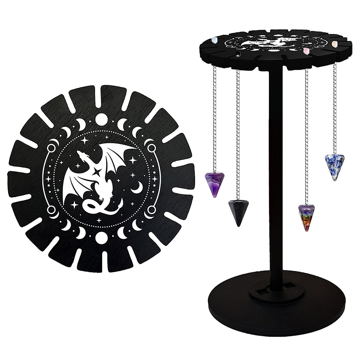 CHGCRAFT Dragon Pendulum Holder Moon Phase Crystal Display Shelf Wooden Pendulum Display Stand Up 18 Divination Black Pendulum Board for Hanging Crystal Stone Necklaces