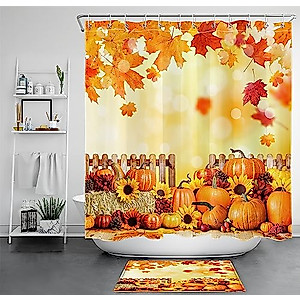 MEUNEAR Farmhouse Fall Shower Curtain and Bath Mat, Orange Pumpkin Sunflower and Maple Leaf Shower Curtain with Bathroom Rugs, 72X72 inches Autumn Thanksgiving Shower Curtains Set
