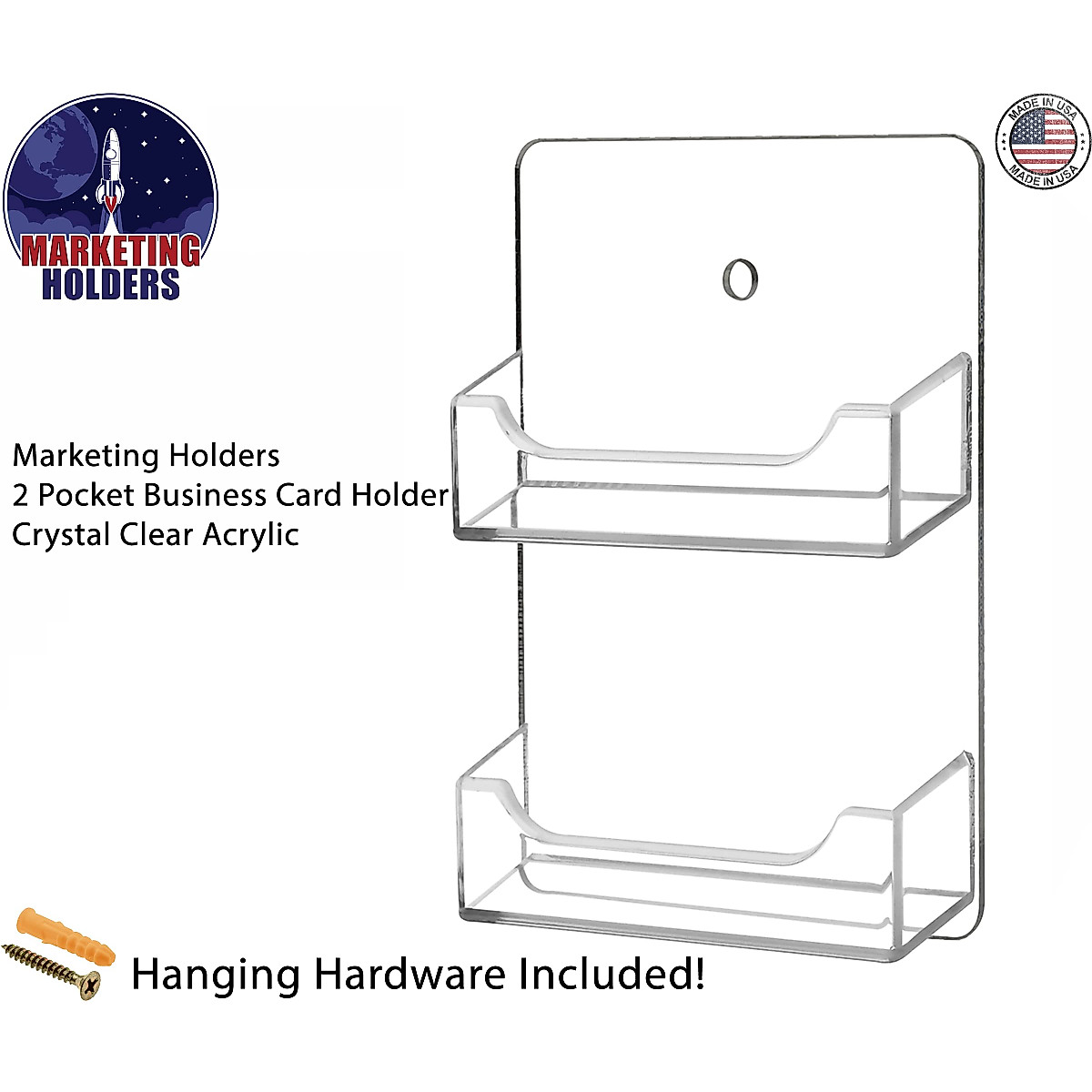 Business Card Holder Wall Mount 2 Slot Clear Acrylic Multi Pocket with Hardware Gift Card or Appointment Cards Display Rack Holds 3.5" x 2" Cards by Marketing Holders