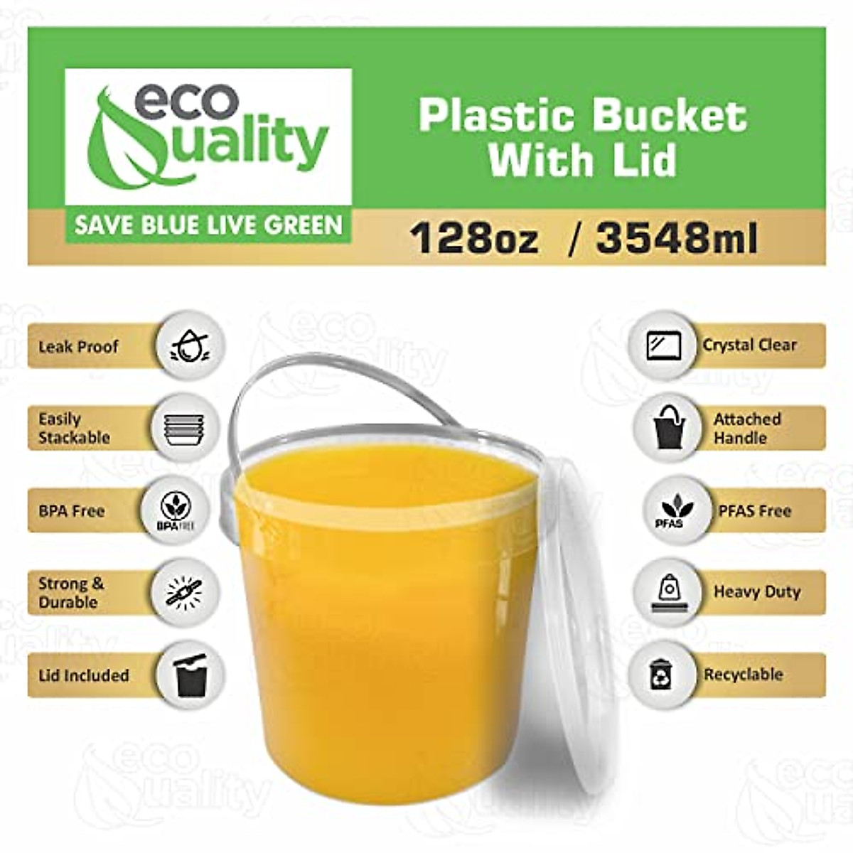 1 Gallon (128 oz) Clear Plastic Bucket with Lid and Handle (10 Pack), Ice Cream Tub with Lids - Food Grade Freezer and Microwave Safe Food Storage Containers, Round Plastic Pail Container with Lid, BPA Free