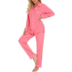Womens Pajamas Long Sets V-Neck Long Sleeve Long Sleepwear Pj Sets Coral With Dots Small
