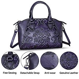 Genuine Leather Satchel for Women Embossed Leather Handbag Top Handle Bags Handmade Purse Crossbody Tote Handbags (Purple)