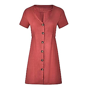 Dress for Women, Women's Sumemr Short Sleeve V-Neck Button Down Solid Skirt Casual Mini Dress(Red, XL)