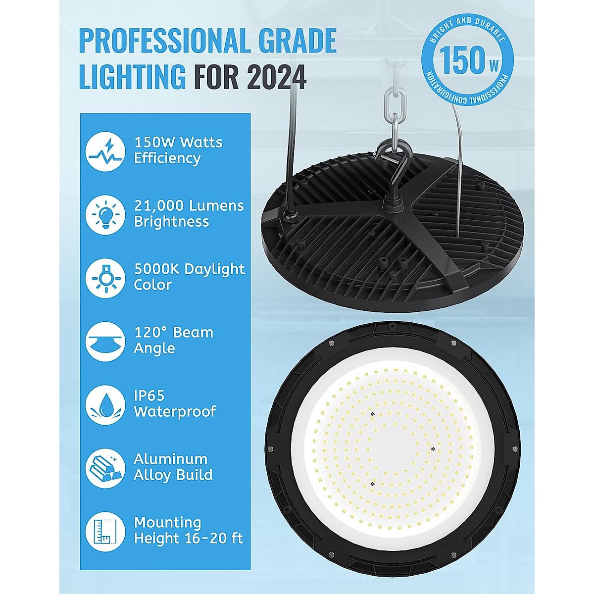 Fullmeii 150W UFO LED High Bay Light, 21,000lm 5000K Daylight Commercial Lighting, IP65 Waterproof Shatterproof Fixture with 5' Cable, UL Listed for Industrial Warehouse