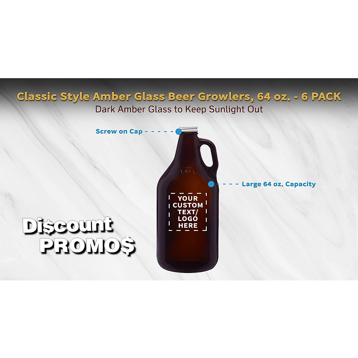 DISCOUNT PROMOS 6 Amber Glass Beer Growlers Set, 64 oz. - Customizable Text, Logo - Screw on Lid, Sturdy, Barware - Amber