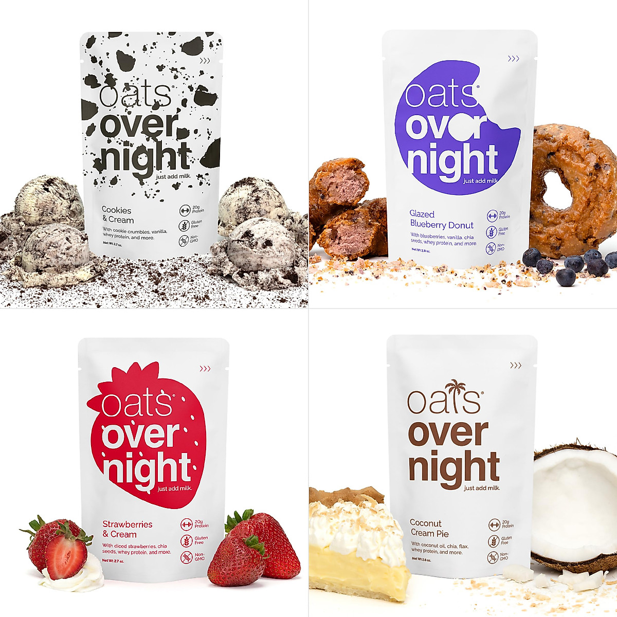 Oats Overnight - Party Variety Pack (8 Meals PLUS BlenderBottle ) High Protein, Low Sugar Breakfast Shake - Gluten Free, Non GMO Oatmeal (2.7oz per meal) Strawberries & Cream, Green Apple Cinnamon & More.