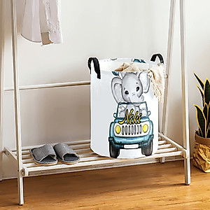 BigBigift Little Elephant with Car Laundry Basket Personalized with Name Laundry Hamper with Handle Organizer Storage Bin Bedroom Decor for Boys Girls Adults