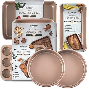 HAPPIELS Passionate Baker Premium Nonstick Bakeware 6-Piece Set, Including Round Cake Pans, 9x13 inch Cake Pan, Square, Loaf, Muffin Pan