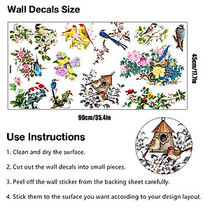 Birds on Tree Branches Wall Decals,Cardinal Birds Flowers Wall Stickers Spring Summer Robinbird Decor for Home Kitchen Office Kids DIY Supply